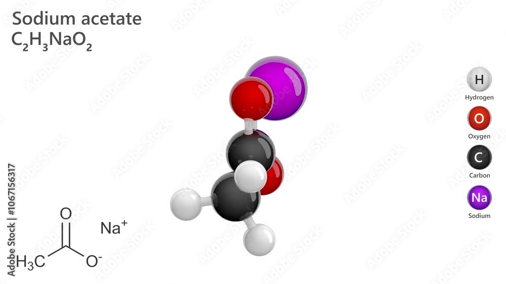 Sodium Acetate. Organic sodium salt. Animated 3D model of a molecule ...