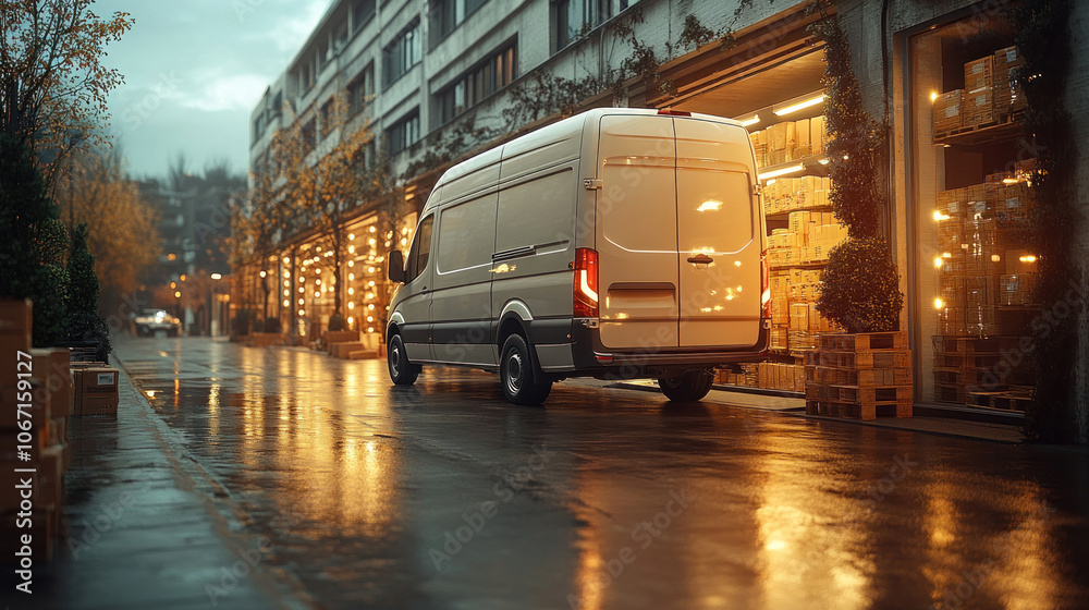 Delivery van unloading goods at a storefront, efficient logistics in ...