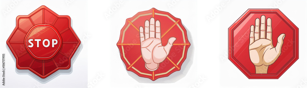 Three cartoon stop signs, the first red with the word stop on a white ...