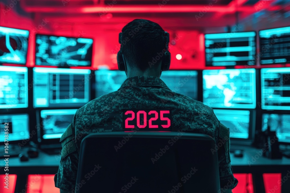 Foto de Futuristic military strategy room, advanced satellite feeds ...