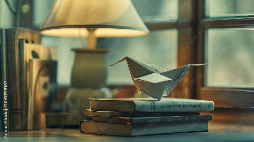 Cozy reading nook with origami bird and books by lamp light Stock Photo ...