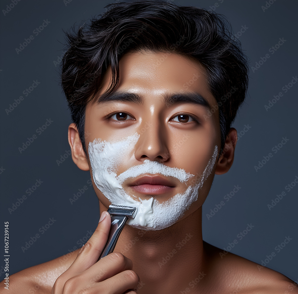 Asian man using a razor to shave his face with facial cream, close-up ...