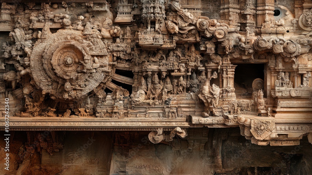 A detailed photograph of the magnificent Chola architecture in the ...