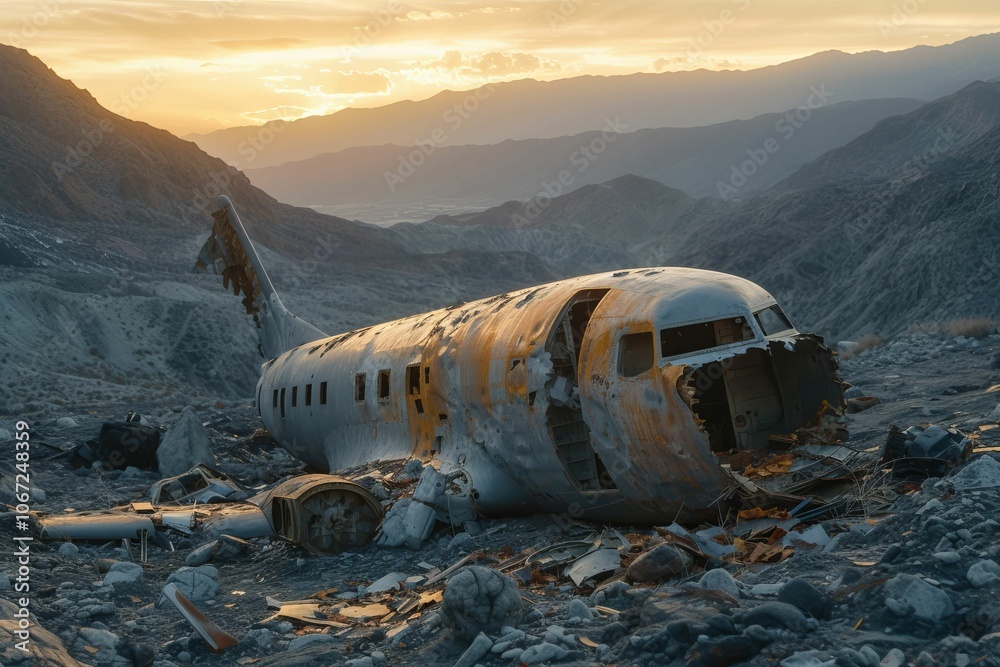 Crashed airplane wreck with destroyed debris and damaged fuselage set ...