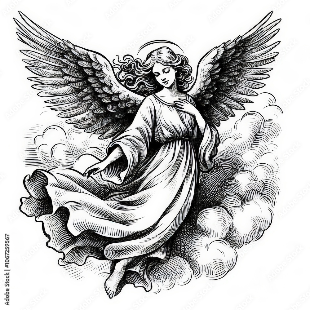 graceful angel with flowing robes and outstretched wings, capturing a ...