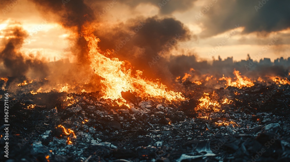 Burning embers and ashes from a fire, representing waste and ...