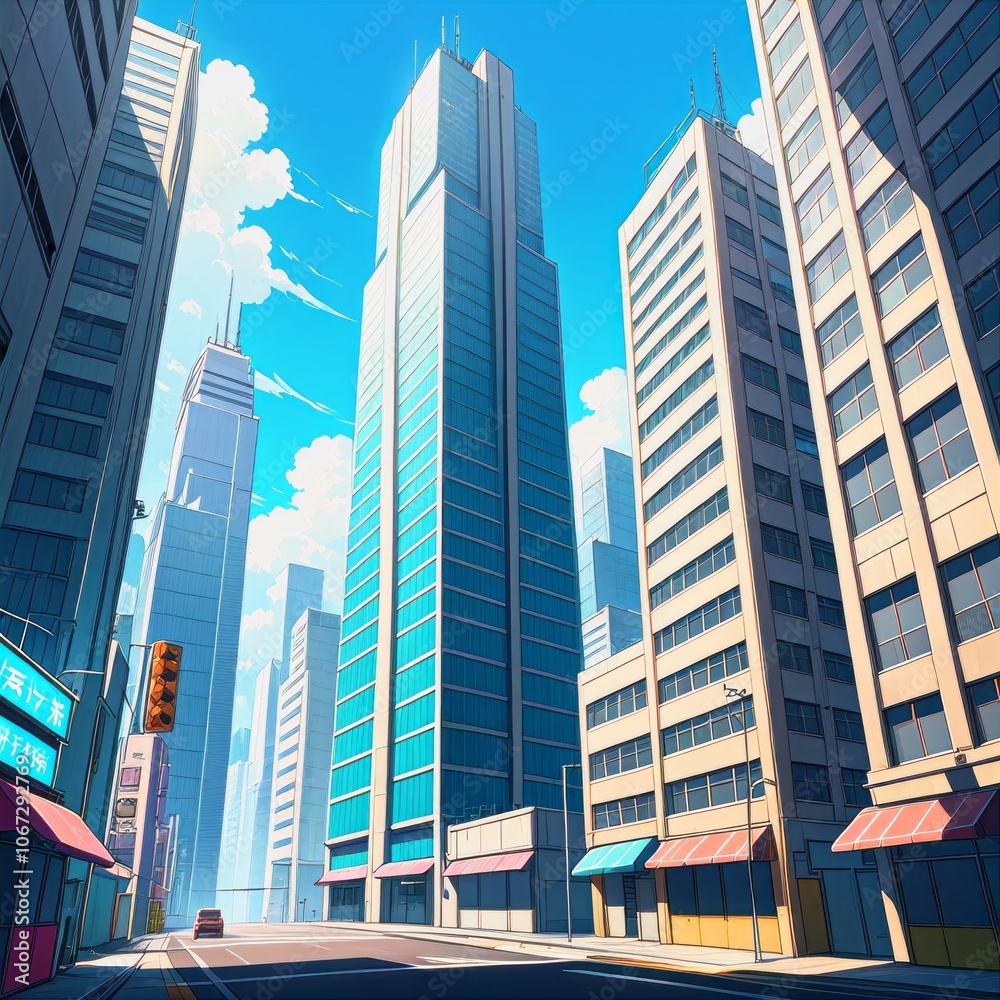 Skyscraper exterior retro anime high-quality image and aesthetic finish ...