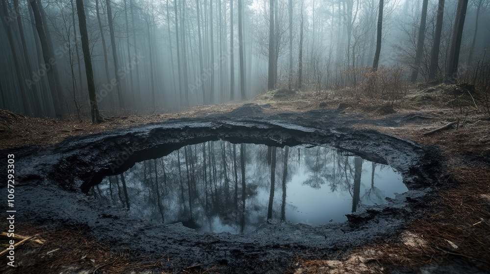 Surreal tar pit in creepy woods, the shiny black surface bubbling under ...