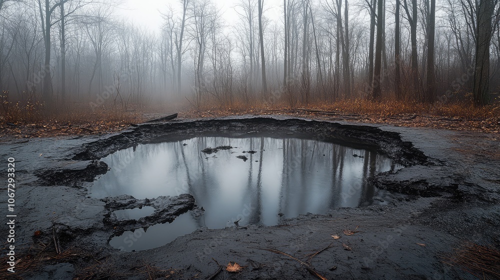 Surreal tar pit in creepy woods, the shiny black surface bubbling under ...