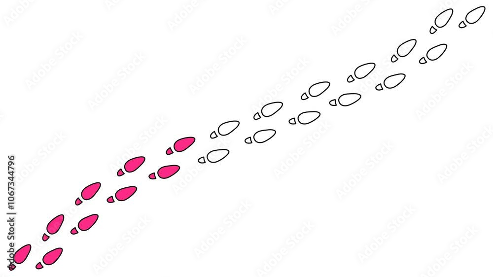 Human footprint 4K video. Pink trace of foot prints of person (man or ...