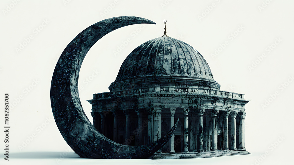 Crescent and Dome: The crescent moon cradles a mosque dome—the timeless ...