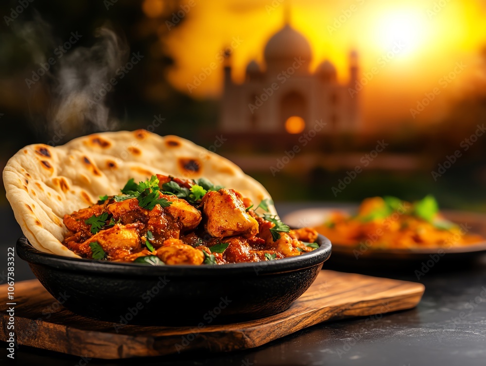 Butter chicken with naan bread, backdrop of Taj Mahal at sunrise Stock ...