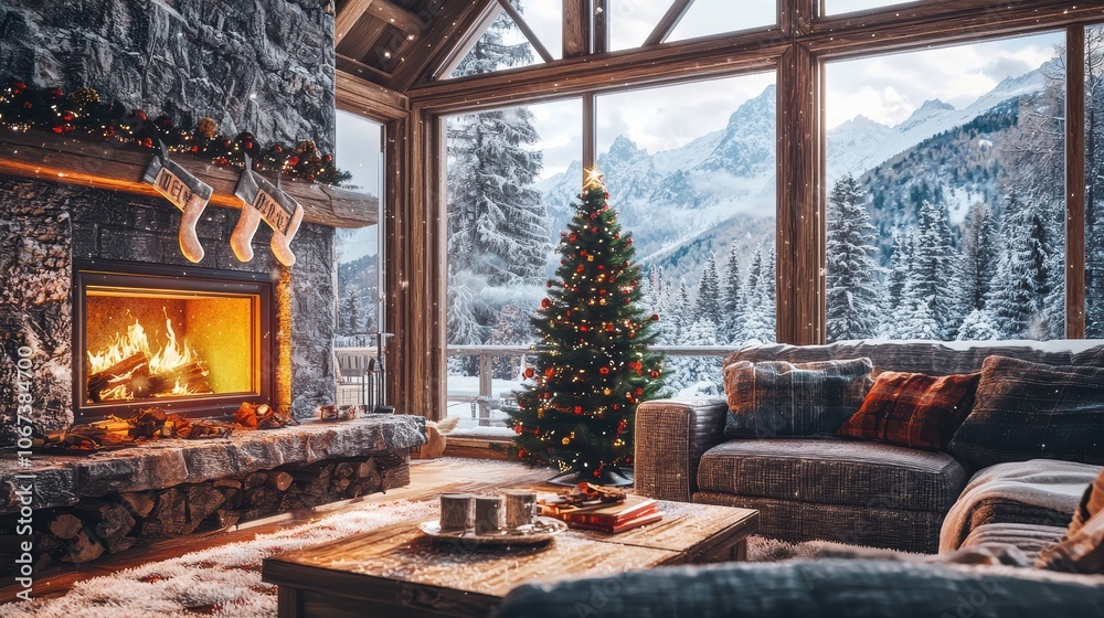 Cozy Winter Cabin Interior with Fireplace and Candlelit Christmas ...