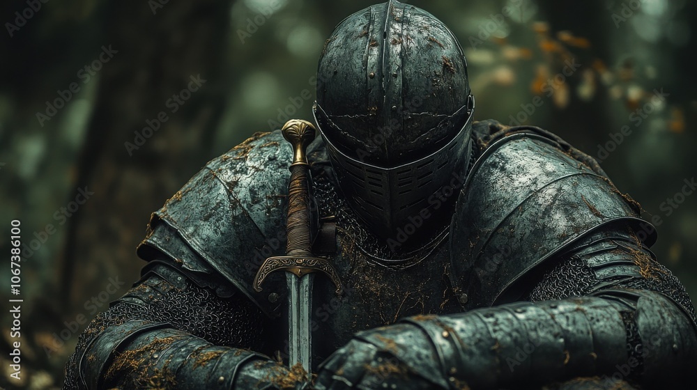 Fotografia A lone knight in full armor sits in a forest, his face ...