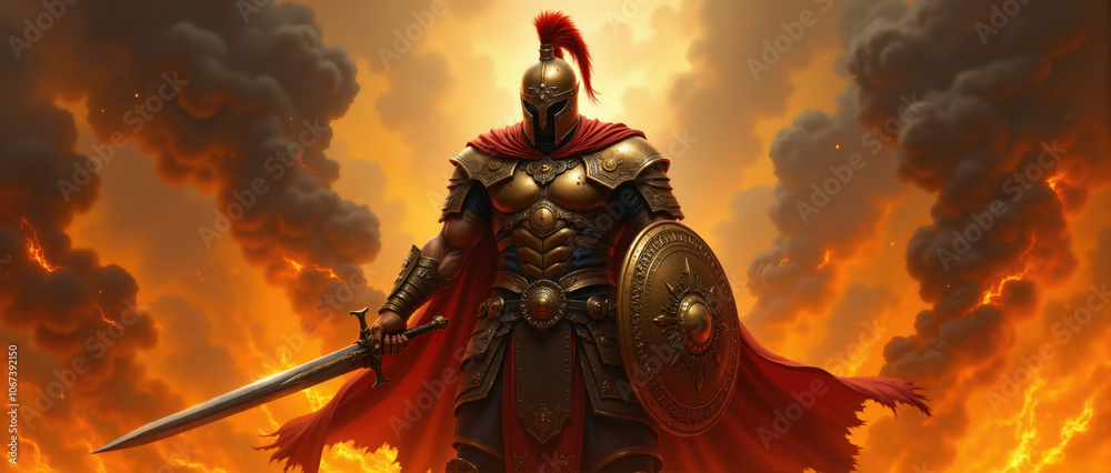 Mighty warrior hero arises from the fearsome battle with long sword and ...