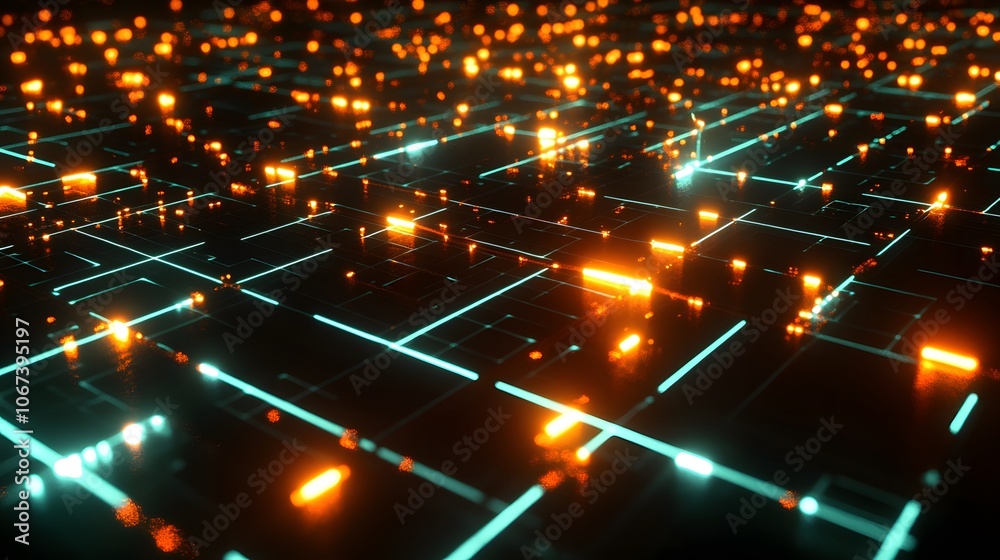 Futuristic depiction of an ML algorithm, with glowing nodes connected ...