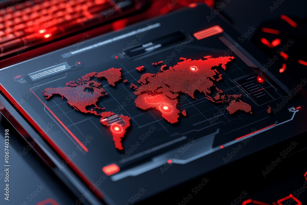 Digital dashboard with world map showing active cyber threat zones and red alerts Stock ...