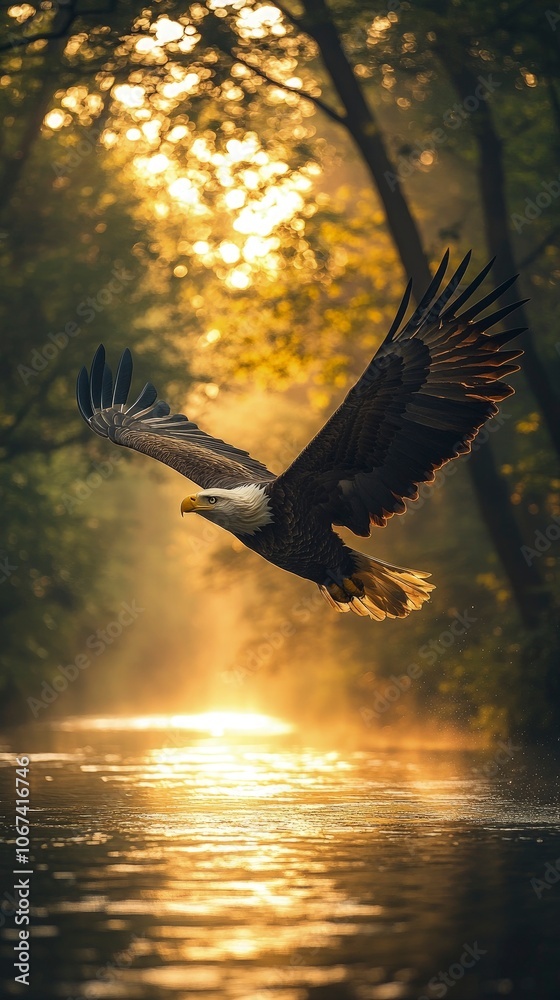 Powerful bald eagle flying low over a river in a dense forest, early ...