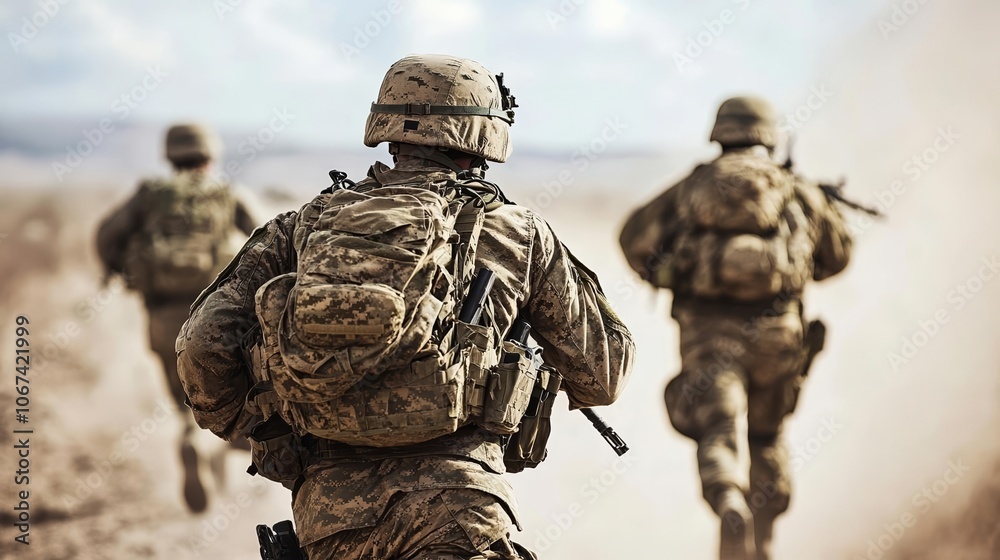 Armed soldiers moving through a war-torn environment, military ...