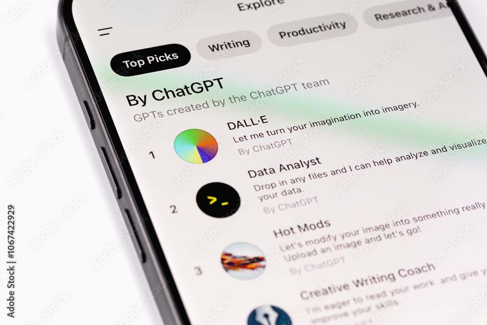 ChatGPT mobile app, interface on a screen smartphone iPhone closeup ...