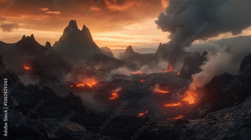 A volcanic eruption creates a dramatic landscape with flowing lava ...