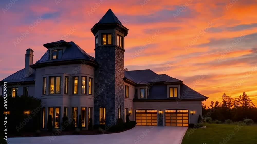 Breathtaking luxury home exterior at sunset, featuring a vibrant sky ...