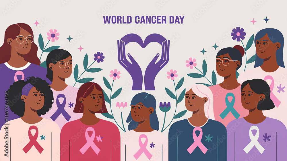 Cancer World Day conceptual poster illustration. People wearing various ...