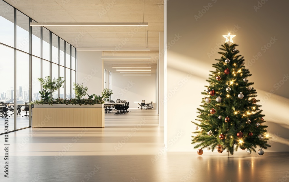 A modern office interior with a Christmas tree decorated with lights ...