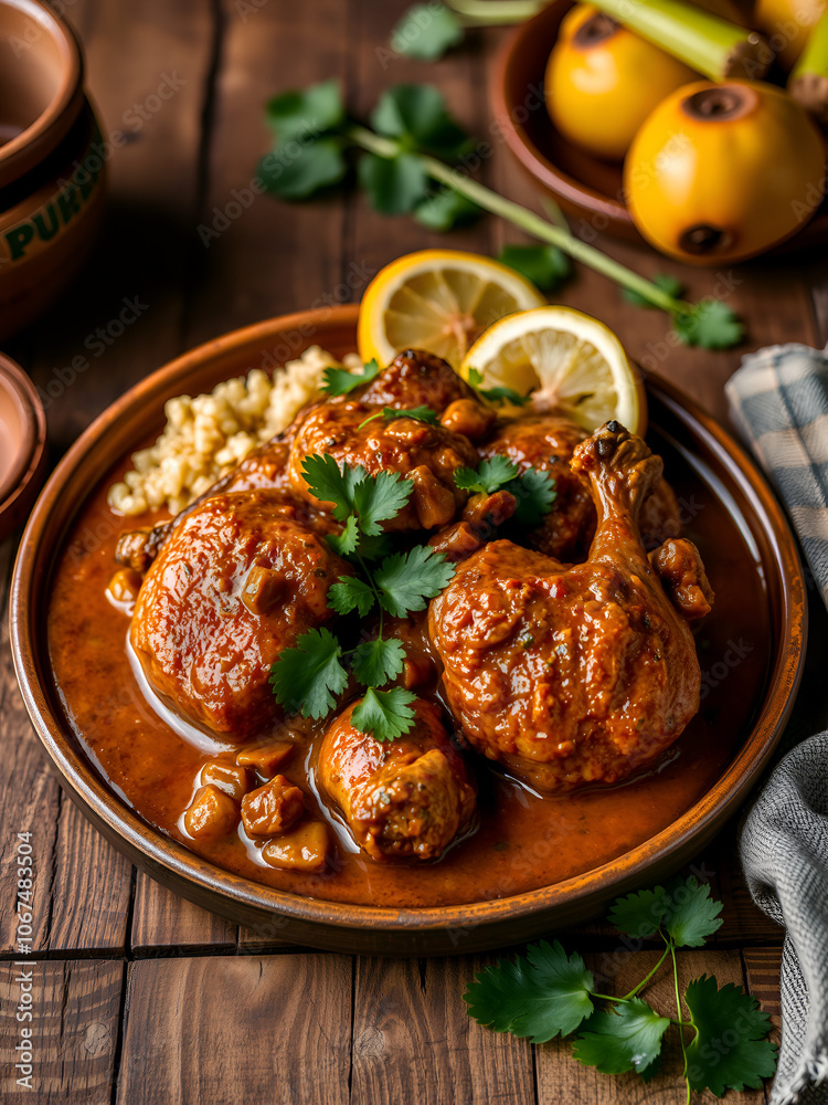 Moambe Chicken on a rustic wooden table, Congolese national dish ...