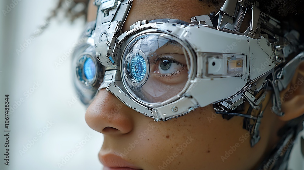 Portrait of a bionic person with robotic eye lens and metal-covered ...