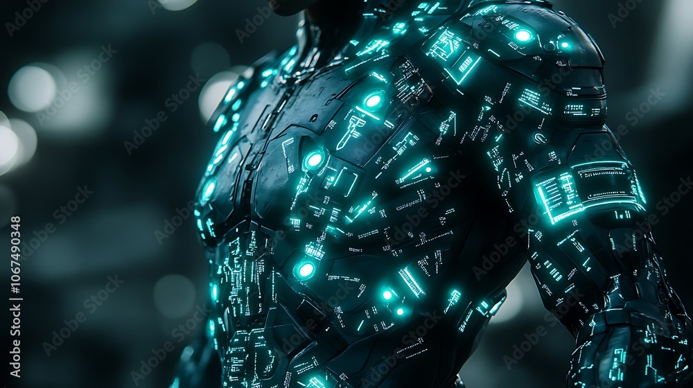 Futuristic bionic person with mechanical enhancements to the torso and ...