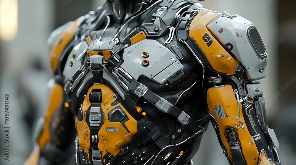 Futuristic bionic person with mechanical enhancements to the torso and ...