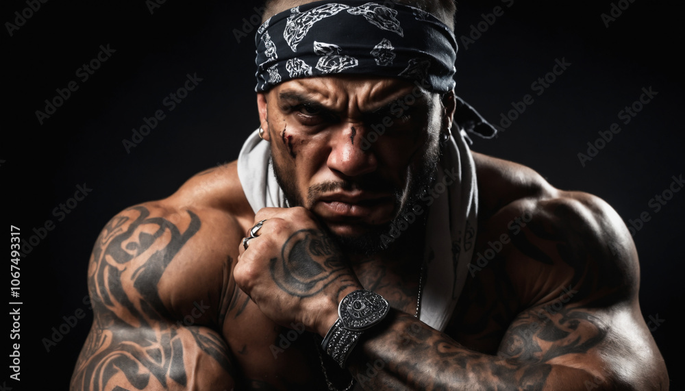 angry looking gangster with bandana covering his face with scars and ...