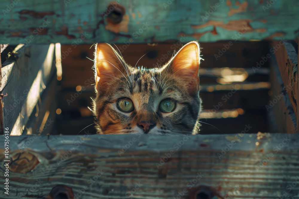 Tabby cat looking out from behind a rustic wooden crate, surrounded by ...