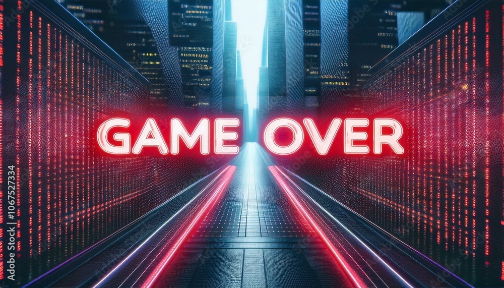 Cyberpunk Game Over: Neon lights illuminate a futuristic cityscape, a ...