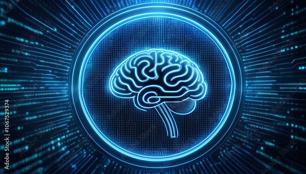 Digital Brain: A glowing blue brain icon in a futuristic digital circle ...
