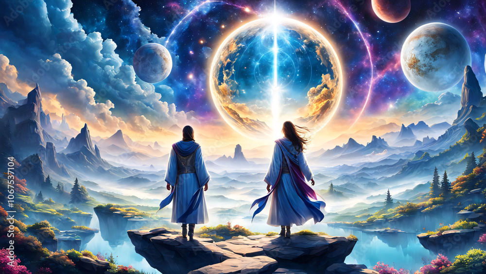 The back view of the two women walking calmly in the world of the 5th ...