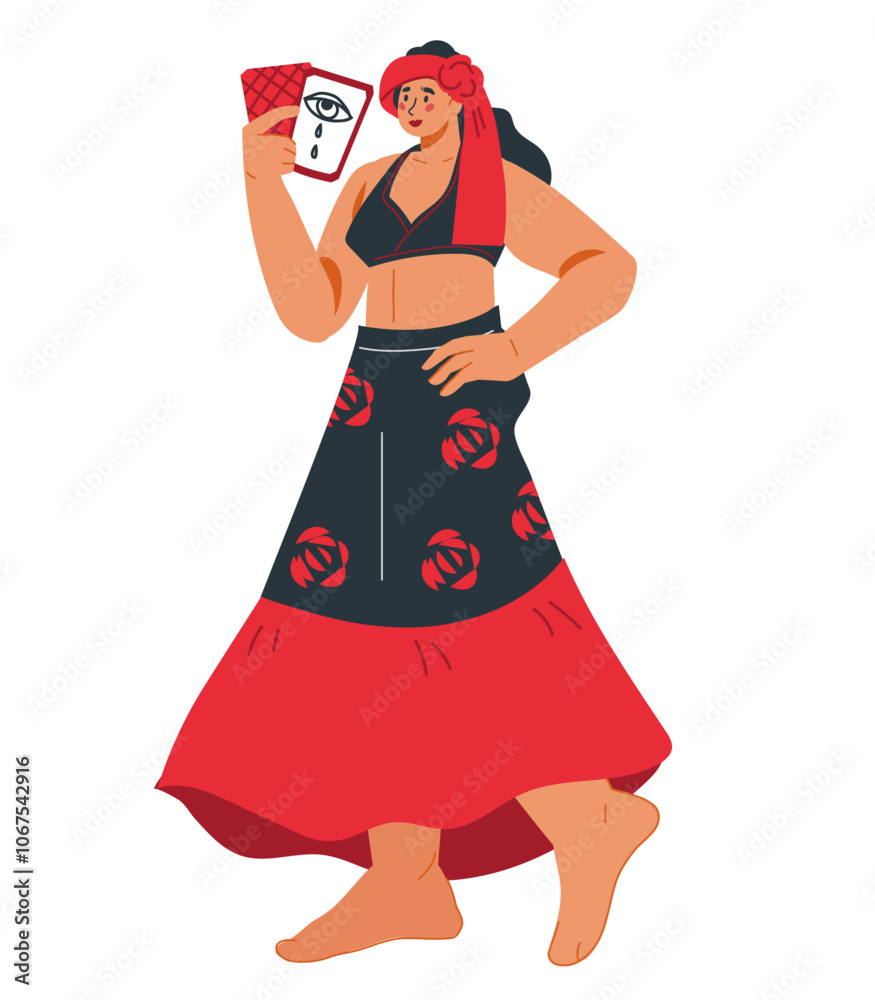 Gypsy or gipsy woman with tarot cards character. Full length portrait ...