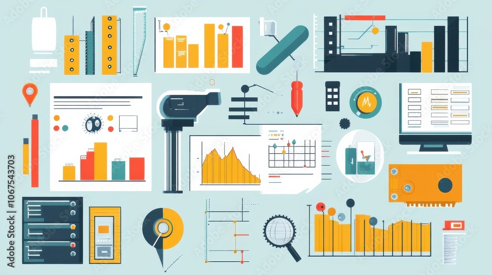 Small business development, depicting growth charts, product management ...
