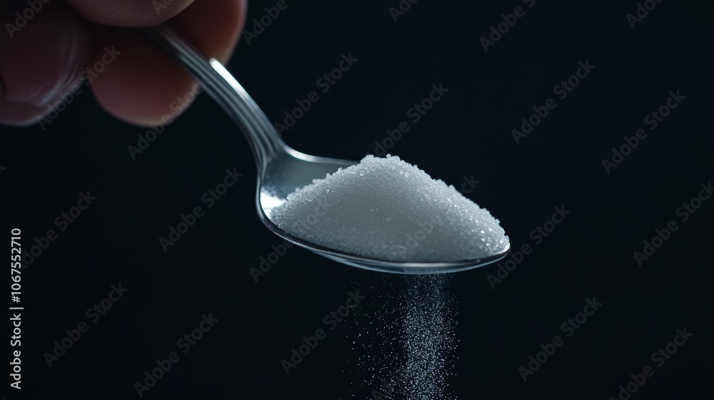 Hand holding a spoon pouring white refined sugar on dark background ...