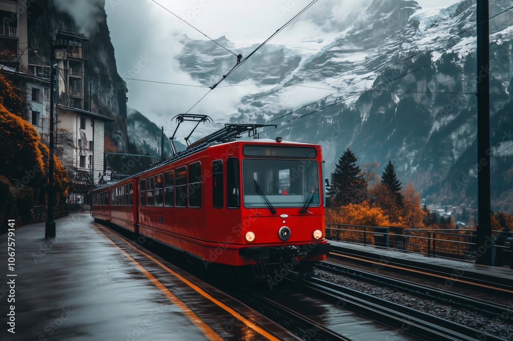Red electric train arriving at station in swiss alps mountain valley ...