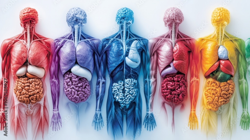 This artistic image depicts the human anatomy in vibrant rainbow colors ...