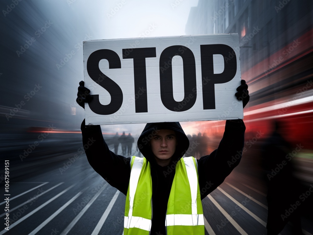 Protestor Holding Stop Sign in City: A lone figure bravely confronts ...