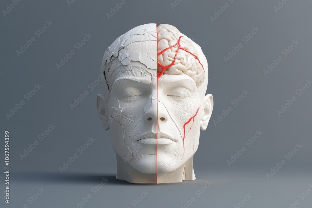 A striking sculpture of a split head, blending brain structure and ...