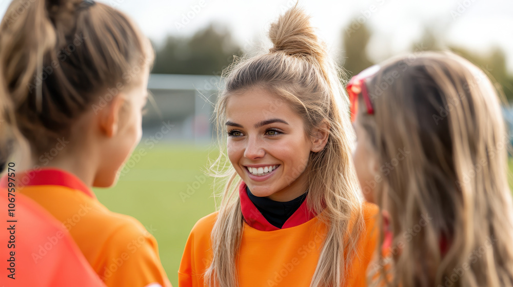 Three young women in bright orange sports uniforms smile and interact ...