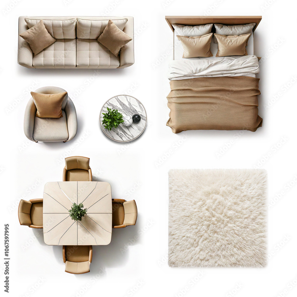 Furniture top view set: beige sofa, bed, armchair, coffee table, dining ...