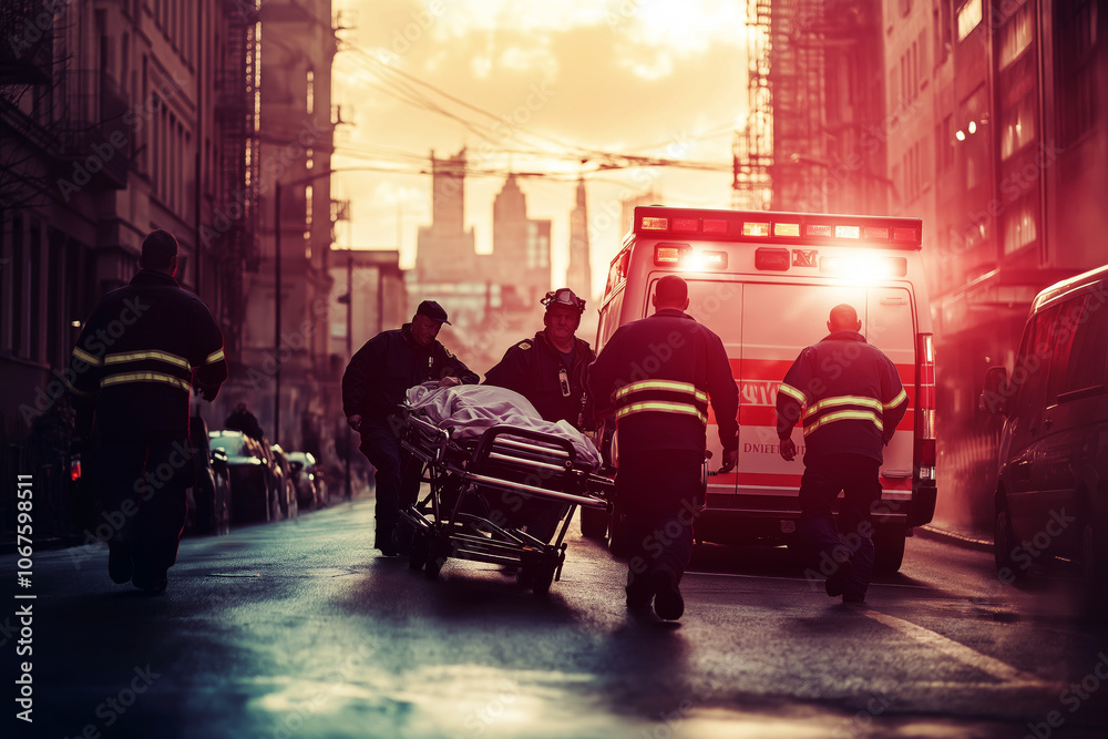 Paramedic team rushing with a stretcher towards an ambulance, sirens ...