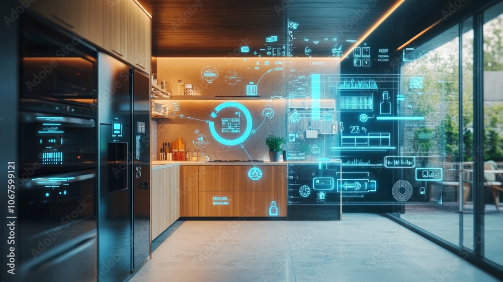 Futuristic kitchen with IoT appliances, smart fridge generating ...