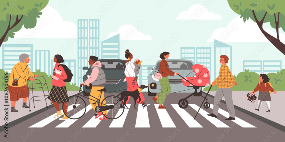 Pedestrians crossing street zebra, vector crowd of diverse people ...
