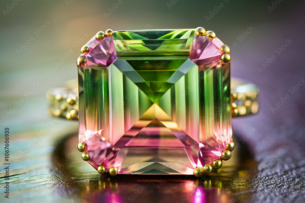 A stunning multi-colored ring featuring a large, square-cut stone with ...